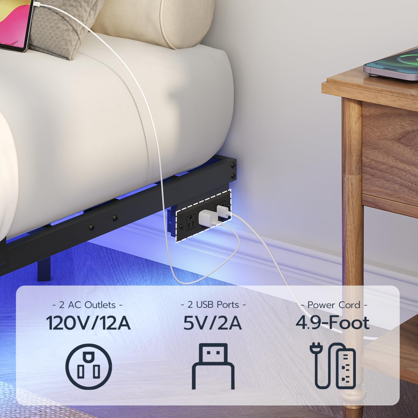 HOOBRO Floating Bed Frame King Size, Bed Frame with Charging Station and LED Lights, Industrial Style Metal Platform King Bed, Soundless, No Box Springs Needed, Black