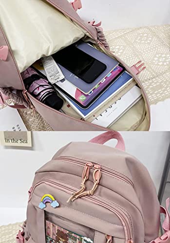 LELEBEAR Kawaii Backpack with Kawaii Pin And Accessories, Cute Preppy Aesthetic Sage Green Backpack for Girls (Pink)