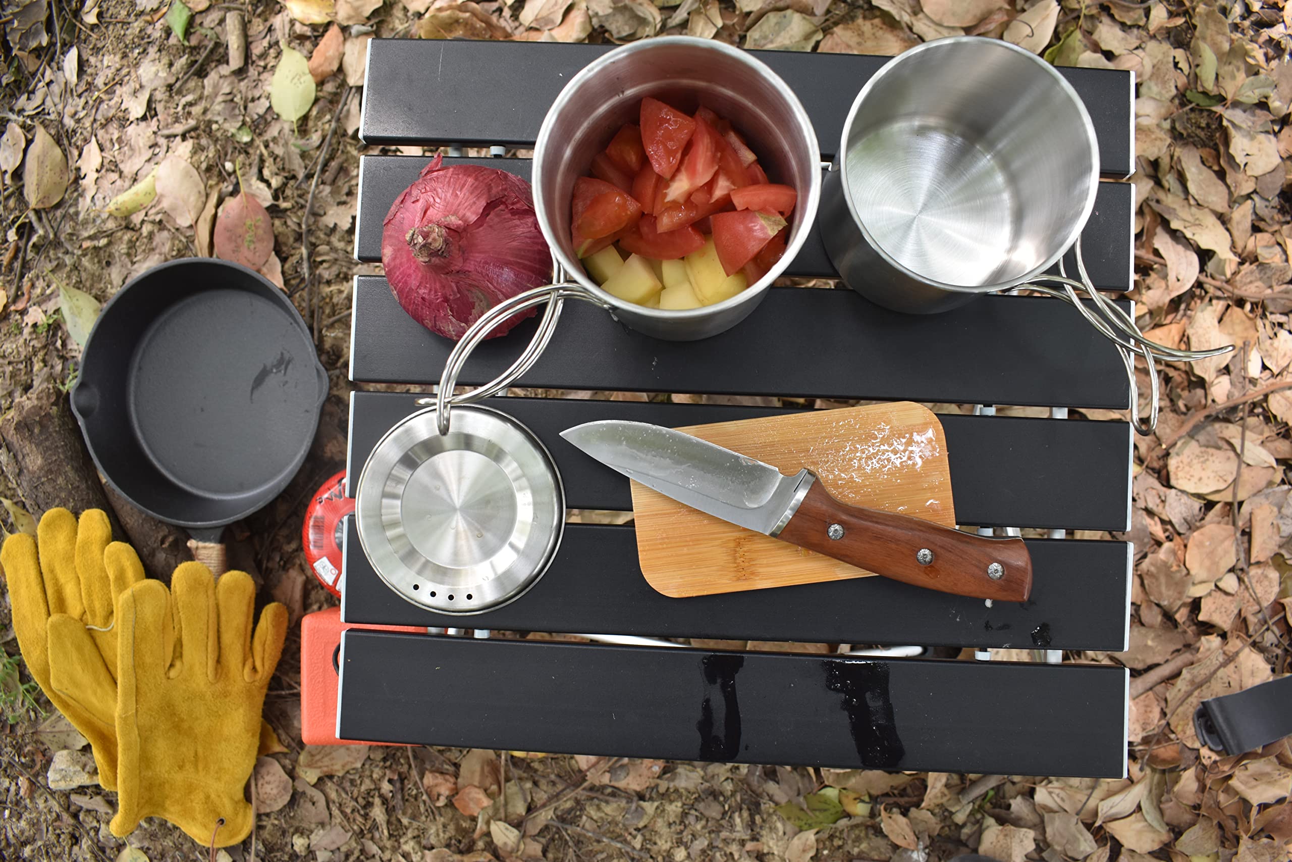 DZRZVD Camping Cups and Mugs Pot 2Pcs-304 Food Grade Stainless Steel-Foldable Handle-Outdoor Cookware Set with Vented Lid & Spoon Fork-33oz Big+24oz Small for Backpacking Picnic Hiking Traveling