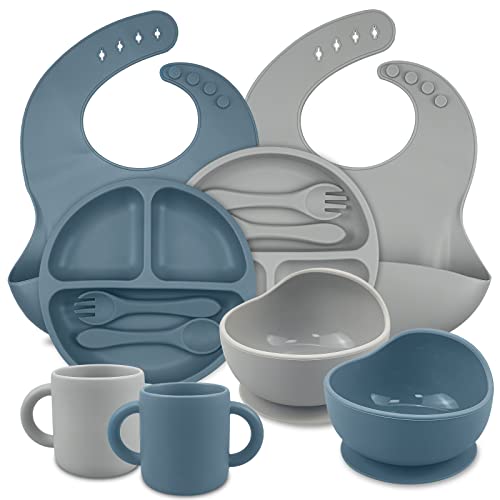 TQONEP Silicone Baby Feeding Set,Baby Led Weaning Supplies Suction Divided Plates Adjustable Silicone Toddler Soft Bowl Spoons Forks Silicone Toddler Cup BPA Free（Blue & Gray 12 PACK）