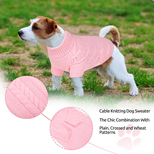 Queenmore Dog Turtleneck Sweater, Classic Cable Knit Cold Weather Thick Sweater for Small Medium Dogs (Pink, S)