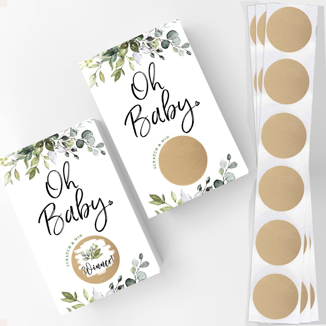 Printed Party Baby Shower Game – Scratch Off Cards for Girl or Boy, Botanical Greenery Theme, 30 Cards & Stickers