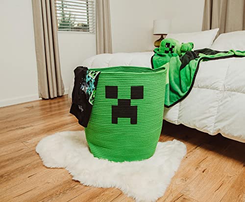 Minecraft Green Creeper Woven Cotton Rope Hamper Storage Basket For Laundry, Dirty Clothes Organizer