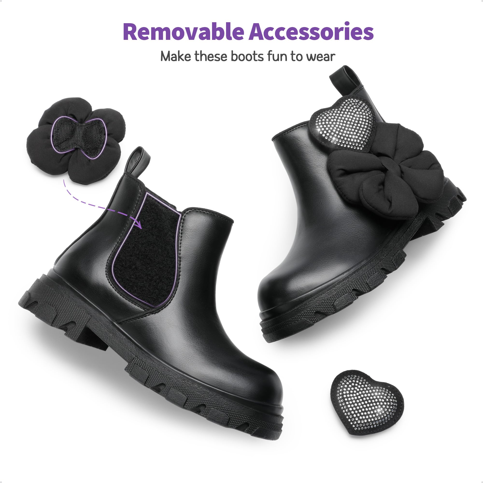 DREAM PAIRS Girls Chelsea Boots Side Zipper Interchangeable Accessories Ankle Booties SDBO2301K BLACK Size 2 little_kid
