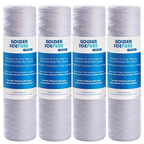 GOLDEN ICEPURE 5 Micron 10" 2.5" Whole House String Sediment Water Filter Compatible with Dupont WFPFC4002, EPW2, EPW2VC, EPW2C, WP-5, AP110, CFS110, WFPFC4002, CW-MF 4PACK
