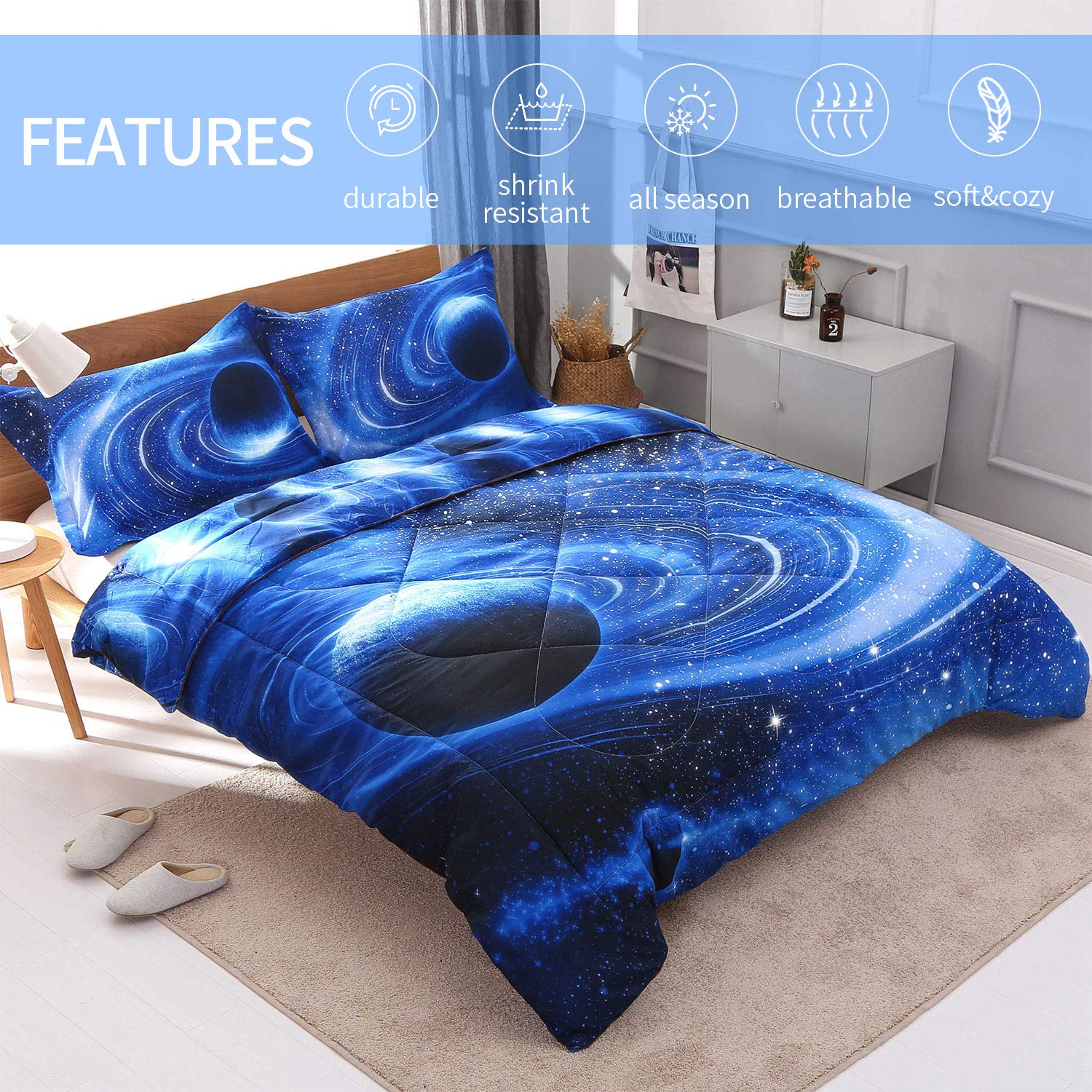 DECMAY Blue Space Bedding Kids 3D Galaxy Comforter Set with Bedroom Pillow Cover Super Soft Fabric Starry Sky Quilt Gift for Boys and Girls Twin (1Comforter&2Pillow Shams)