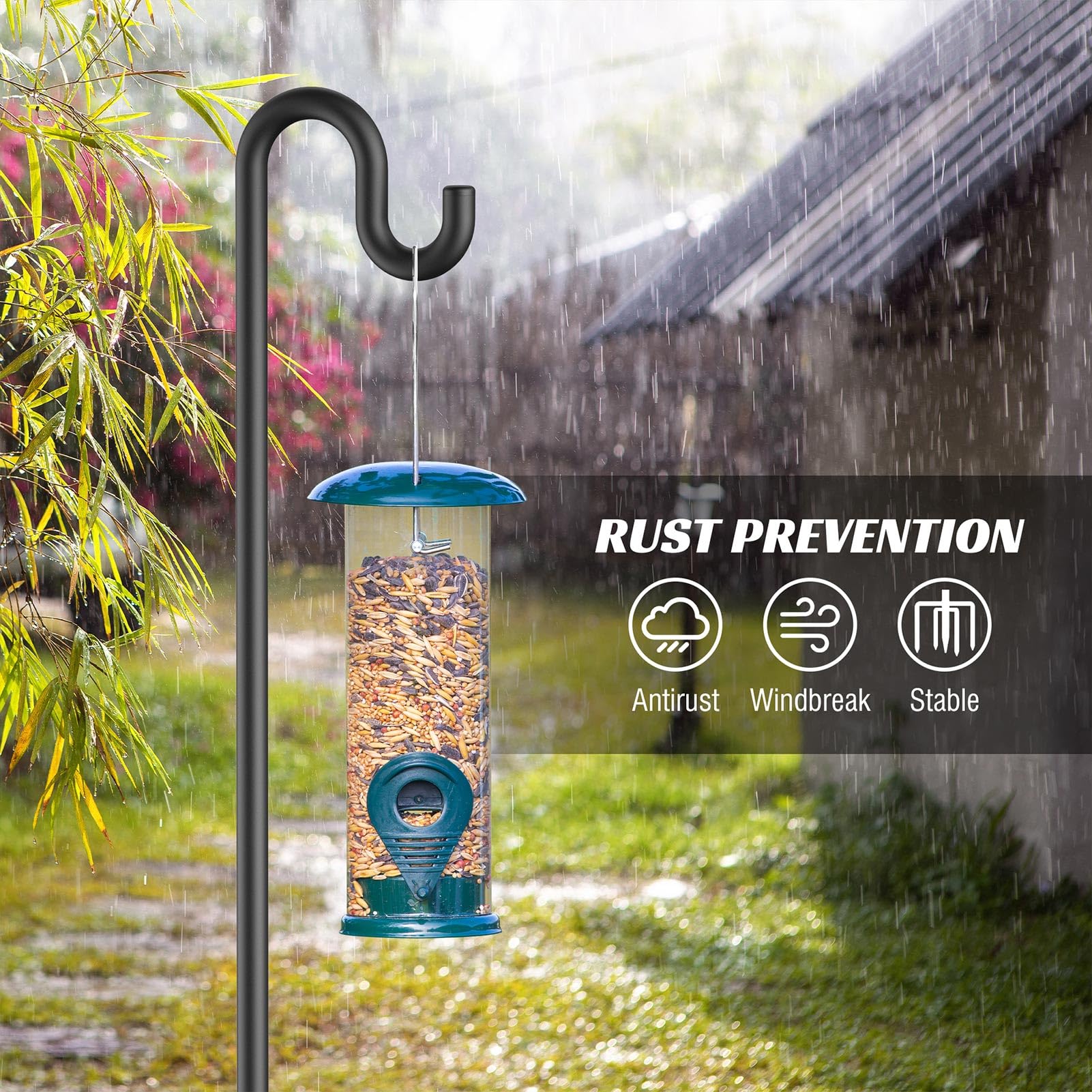 Forlogic Bird Feeder Pole 76 Inches Shepherd Hooks for Outdoor, Heavy Duty Bird Feeder Pole for Garden Decor, Black Shepherd Stand for Plant Baskets Wind Chime with 5 Base Prongs