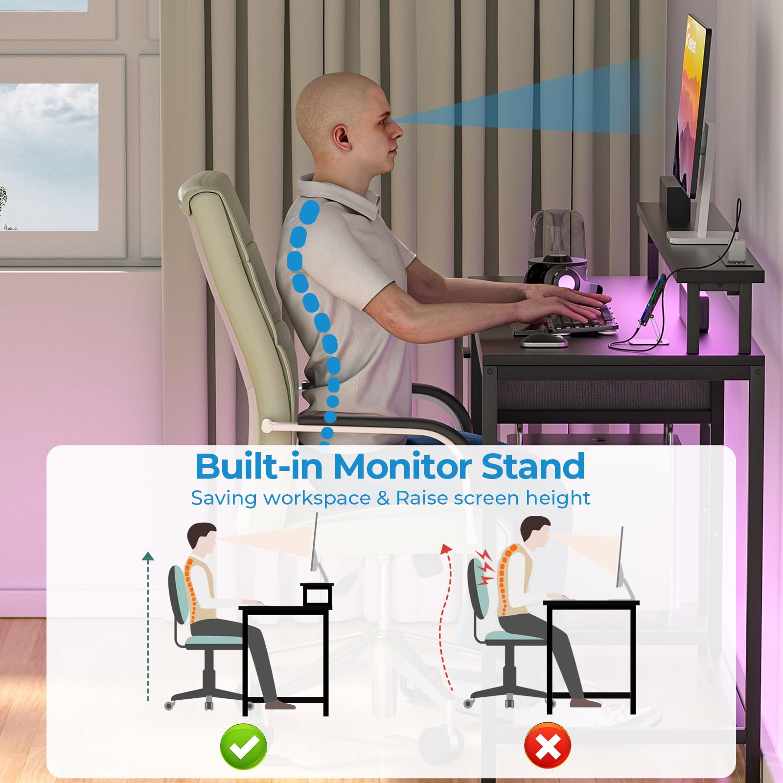 GreenForest Gaming Desk 47 Inch with LED Lights and Monitor Stand, Computer Desk with Drawer for Small Spaces, Office Desk with Power Outlets and Shelf, Black