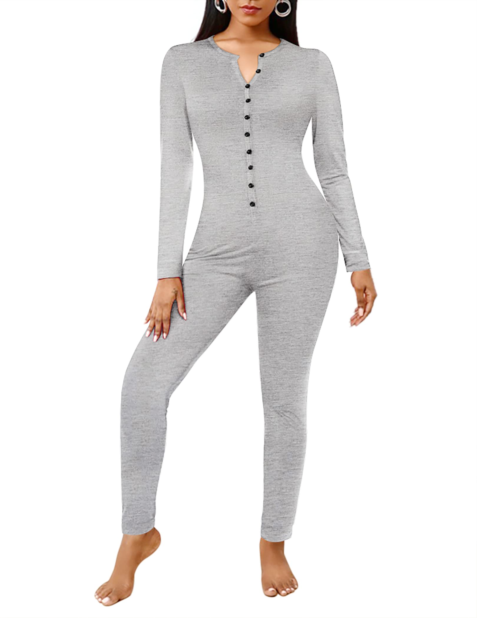 Ekouaer Bandage One Piece Pajama Romper Long Sleeve Jumpsuit Sleepwear For Women,Gray,X-Large