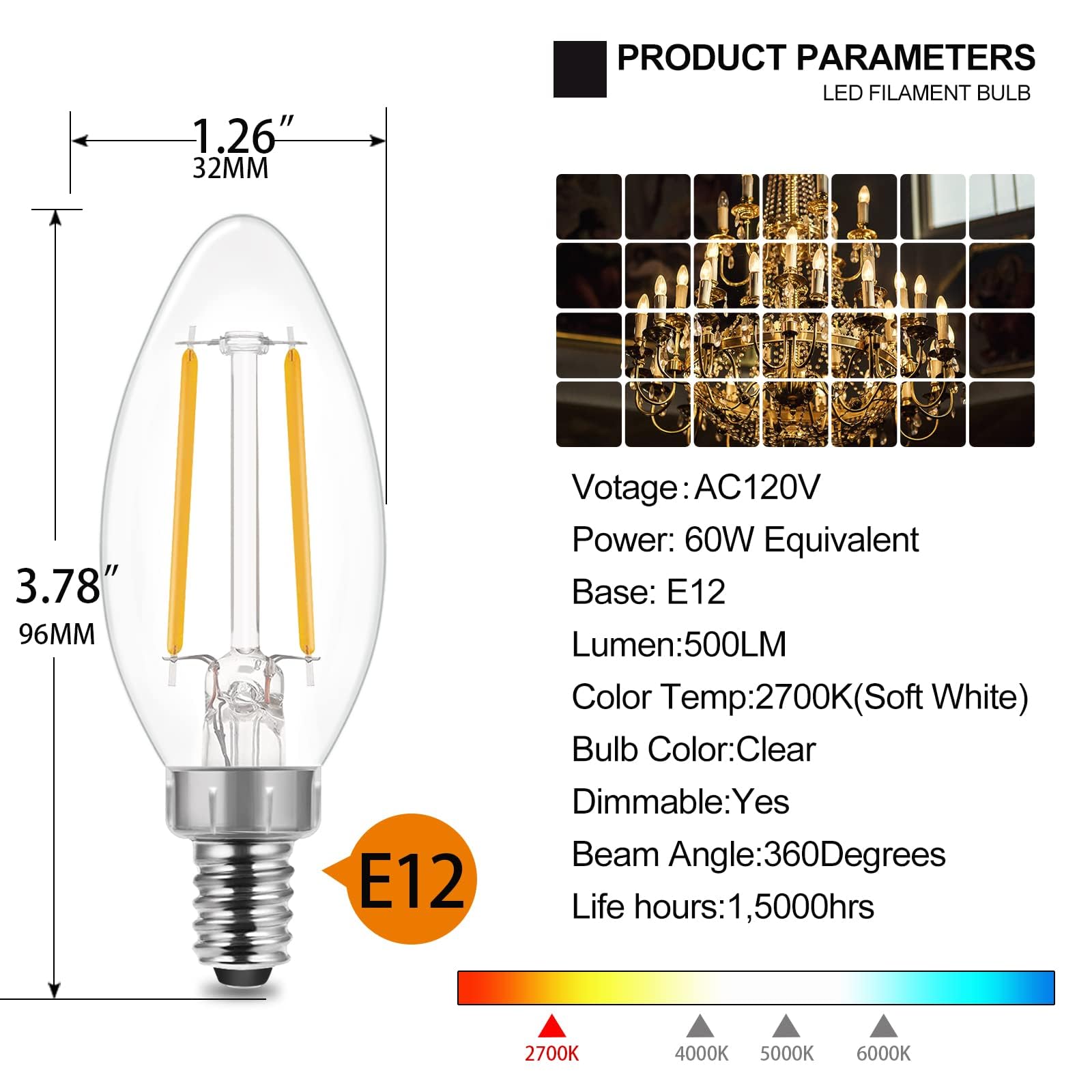 E ENERGETIC LIGHTING LED Chandelier Bulbs 60 watt, Dimmable B10 LED Candelabra Bulb, Daylight 5000K, E12 Candle Light Bulbs, UL Listed, 8 Pack
