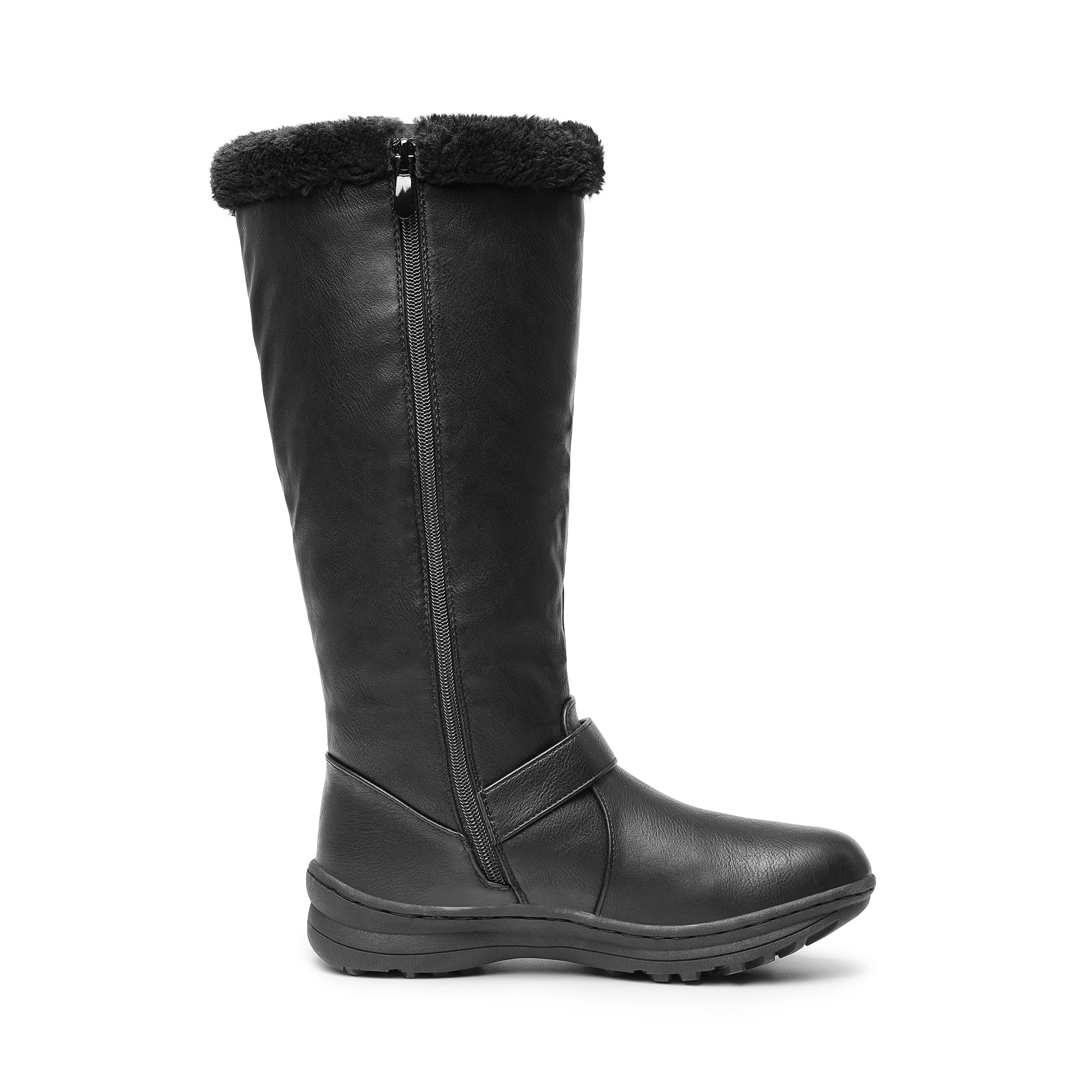 DREAM PAIRS Rabbit Women's Lady Winter Fully Fur Lined Double Buckle Ruched Snow Knee High Boots Black PU-SZ-9