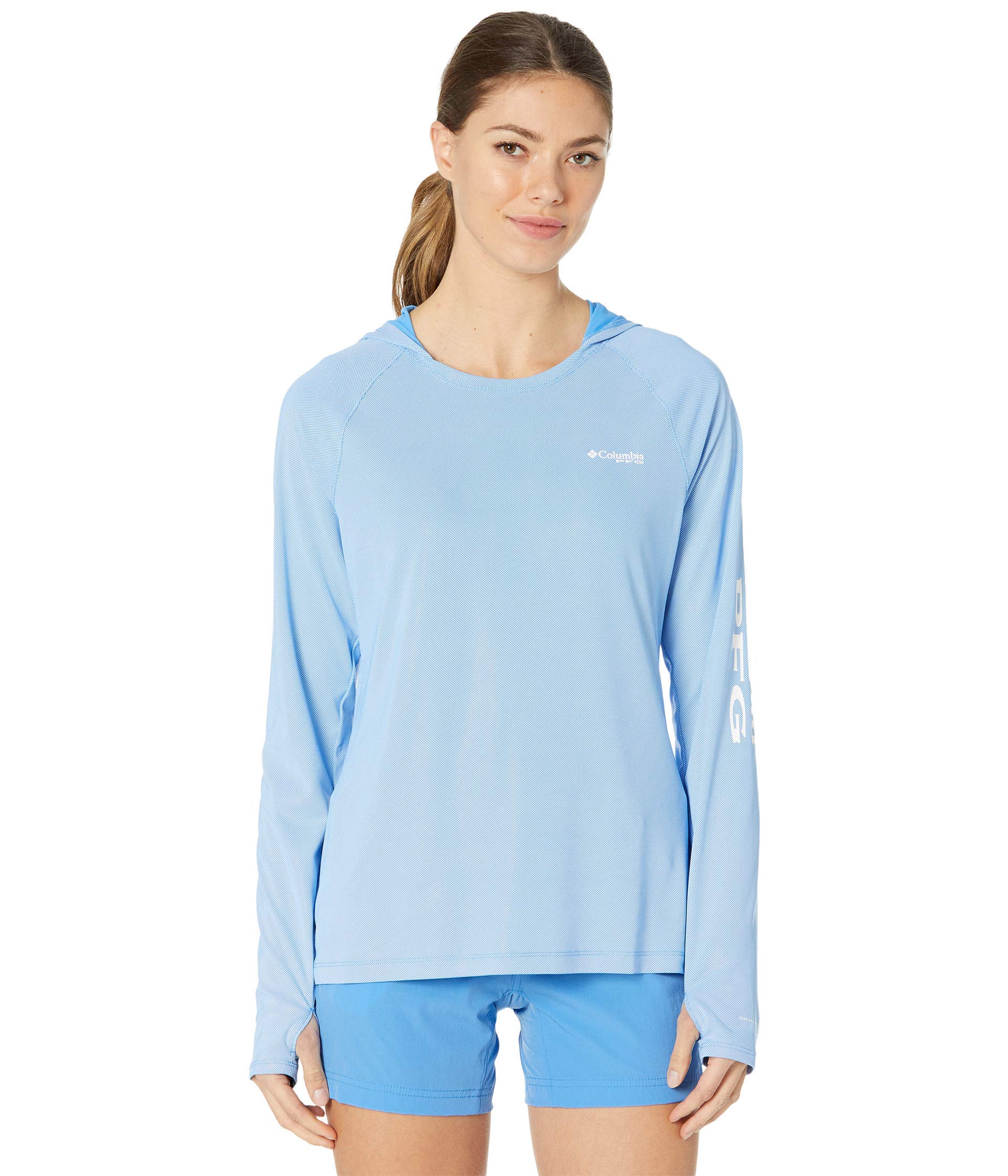 Columbia Women's PFG Tidal Deflector Hoodie, Breathable, UV Sun Protection, Harbor Blue, Large