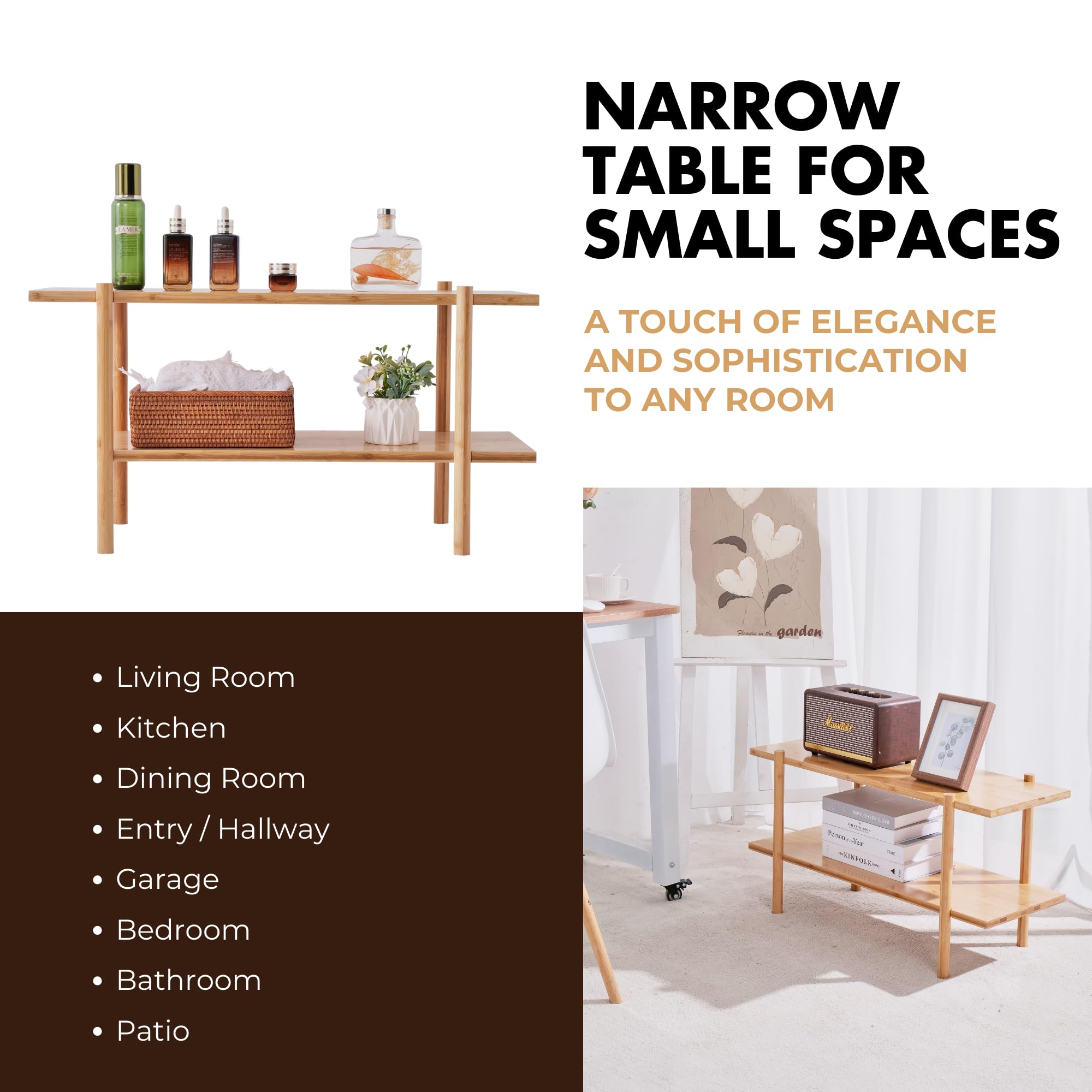Neat Nest 2 Tier Narrow Side Table - Bamboo Narrow Nightstand with Storage Shelf - 30 Inches Wide - Slim Nightstand for Living Room, Bedroom Study and Balcony
