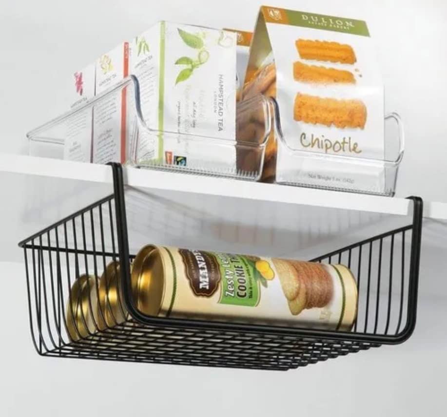 RoomForLife - 2 Pack Under Shelf Organization Baskets - Color Black - Slips on any Shelf/Cabinet - Kitchen Closet Laundry More