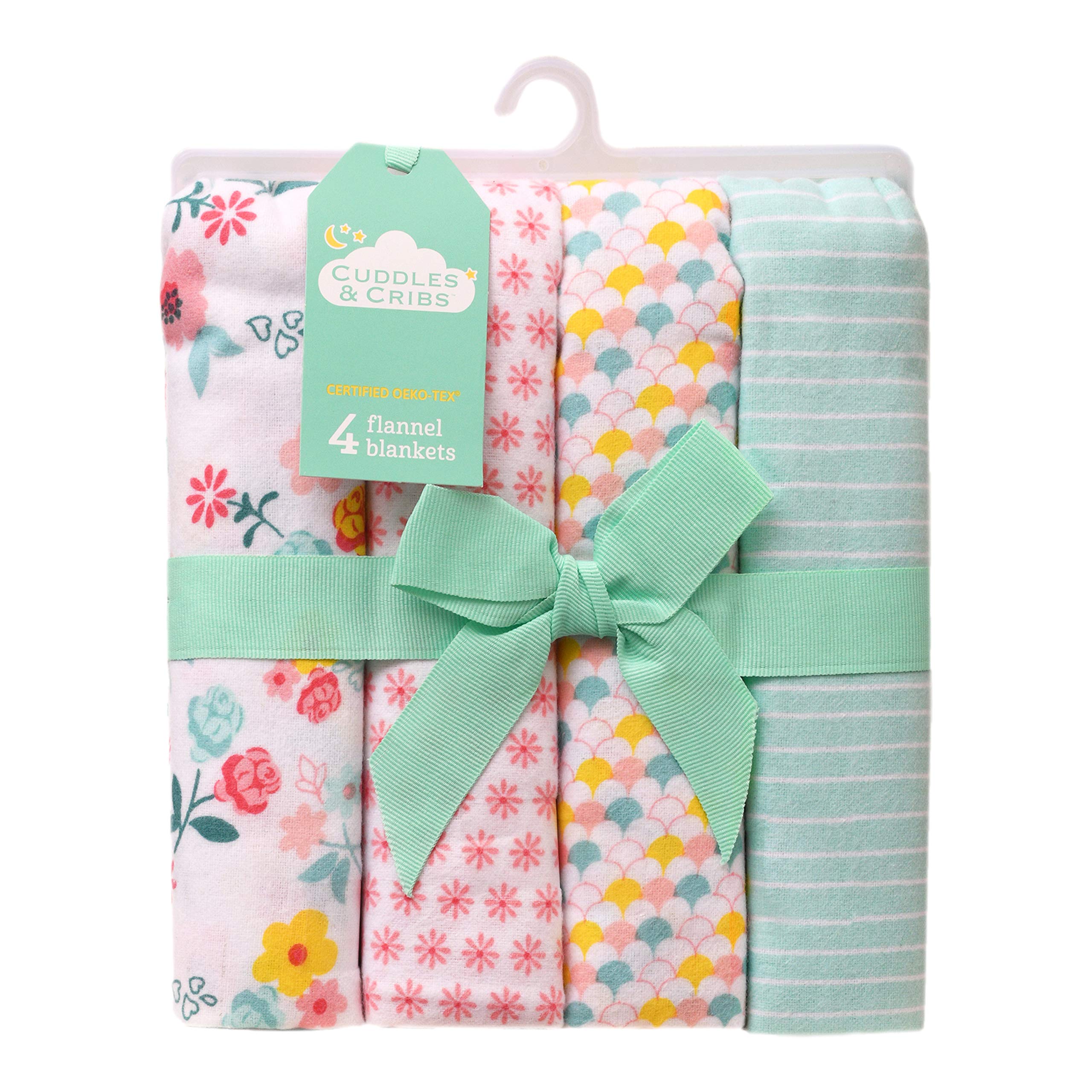 Cuddles & Cribs New Born Cotton Flannel Baby Receiving Blankets - 4 Count (Floral Stripes)