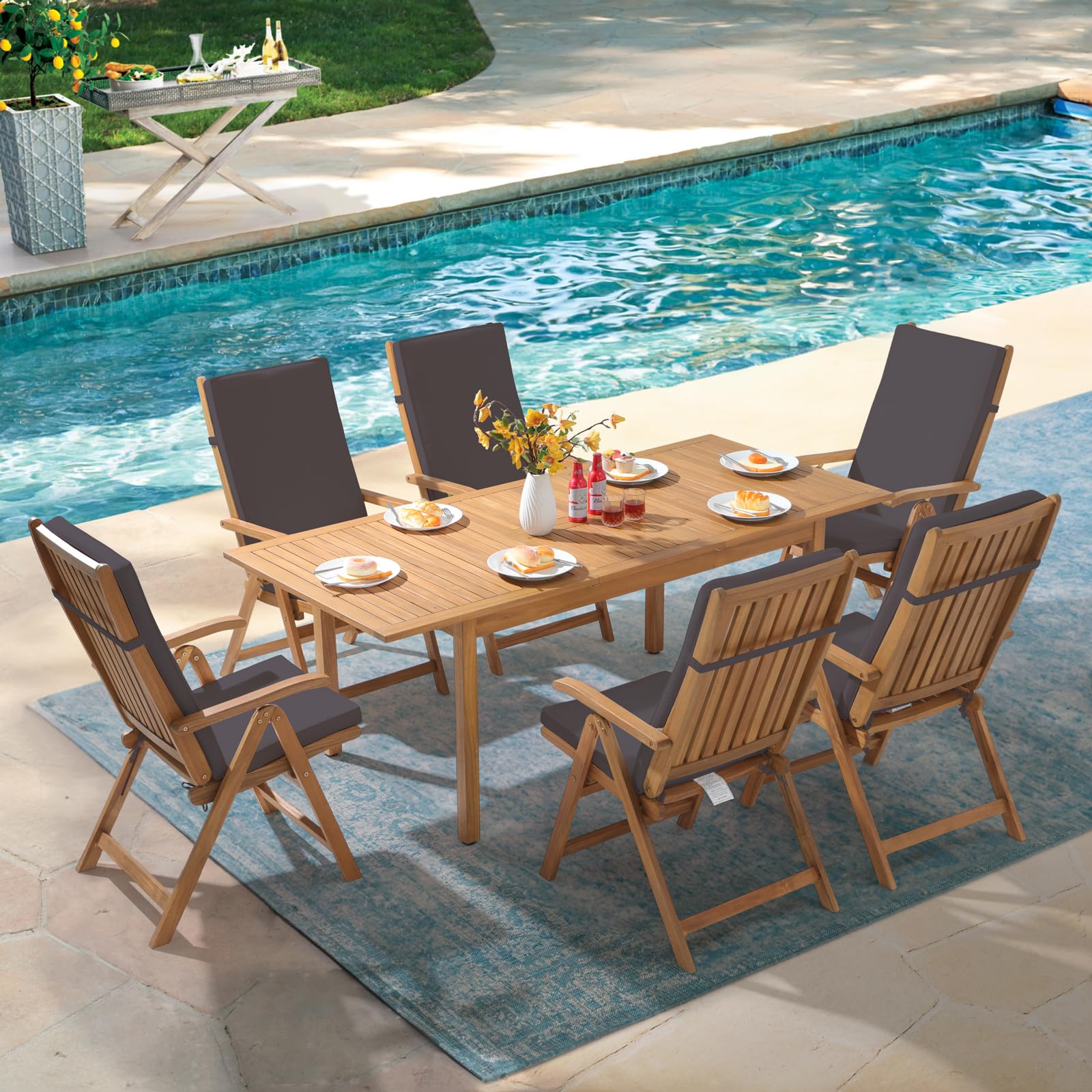 OC Orange-Casual 7 Piece Patio Dining Set, Outdoor Acacia Wood Furniture Set w/Extendable Rectangular Table and 6 Foldable Reclining Chair, FSC Certified, for Deck Garden Backyard, Beige
