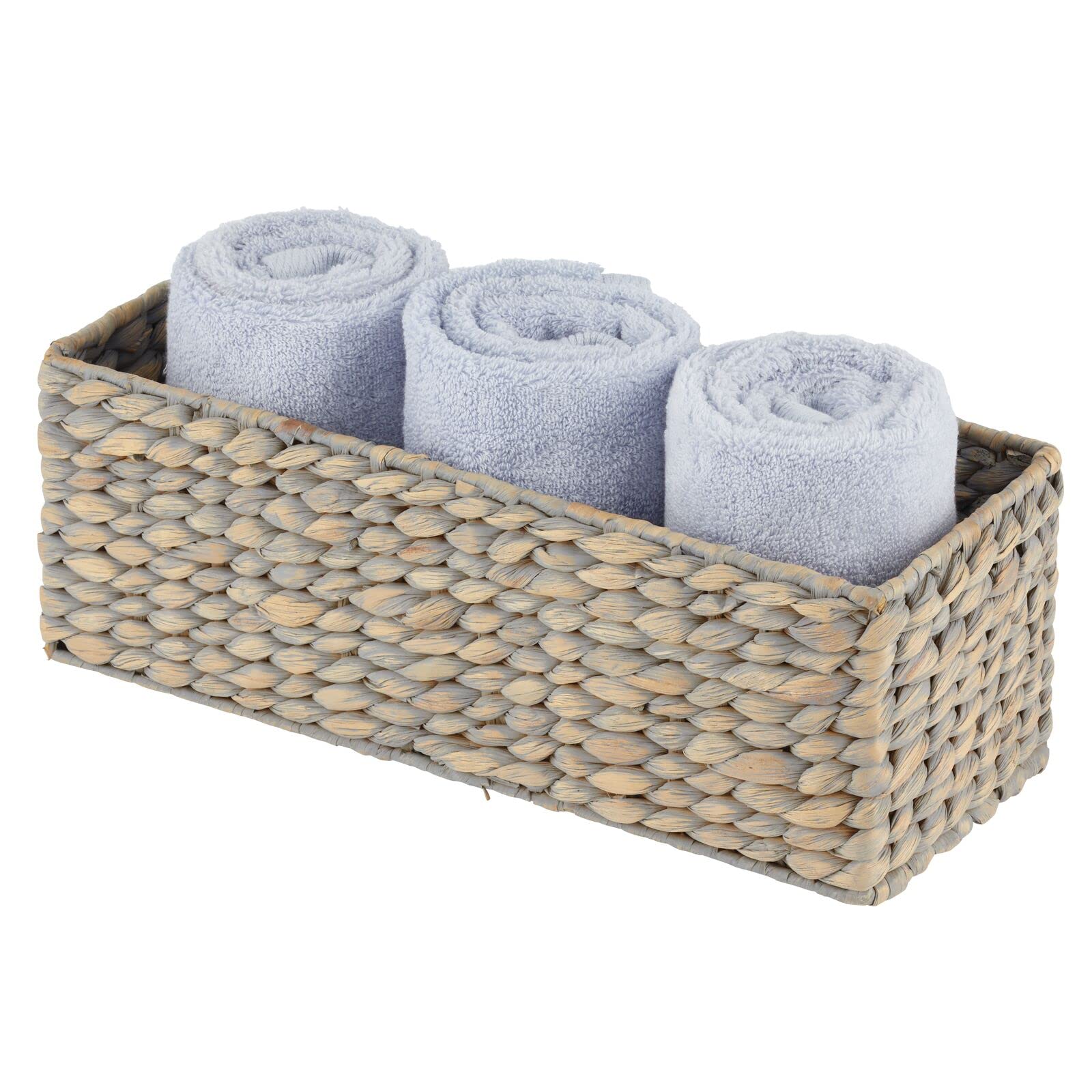 mDesign Woven Hyacinth Narrow Bathroom Toilet Roll Holder Storage Organizer Basket Bin - Rectangle Containers for Bathroom, Toilet Tank - Hold 3 Rolls of Toilet Paper - 2 Pack - Gray