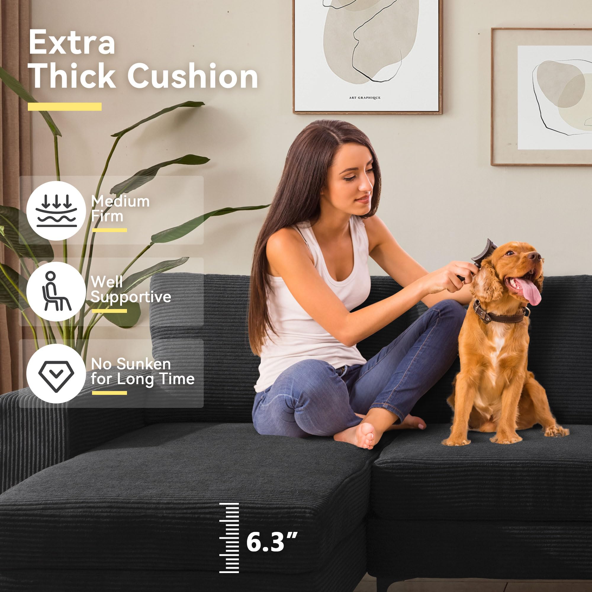 HOOOWOOO 100" L Shaped Couch with Left Chaise,Black Corduroy Home Sofa Living Room,Modern Extra Deep Sofa Couch Set,Corner Couch Comfortable