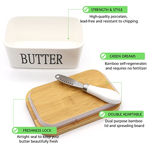 Lovelyduo Large Butter Dish with Lid for Countertop Ceramics Butter Keeper Container with Knife High-quality Double Silicone for Kitchen, Farmhouse, Fridge, Gift Rectangle White