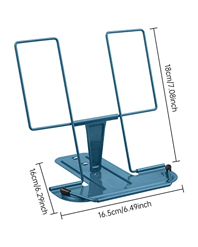 MSDADA Metal Book Stand for Desk, Adjustable Reading Rest Book Holder, Portable Cookbook Documents Holder, Sturdy Typing Stand for Recipes Textbooks Tablet Music Books with Page Clips (Navy Blue)