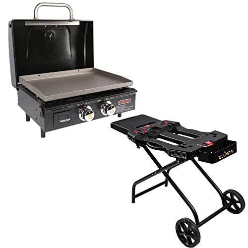 QuliMetal Portable Grill Cart & Griddle Stand and Portable Table Top Griddle, 22 Inch 2-Burner Propane Gas Flat Top Grill with Hood, 24,000 BTUs Camping Grill with Carry Bag