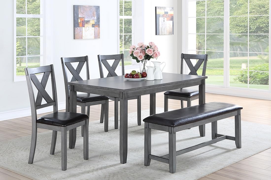 Cudillero 6-Pcs Dining Set with Bench in in Grey Finish and Upholstered Cushions