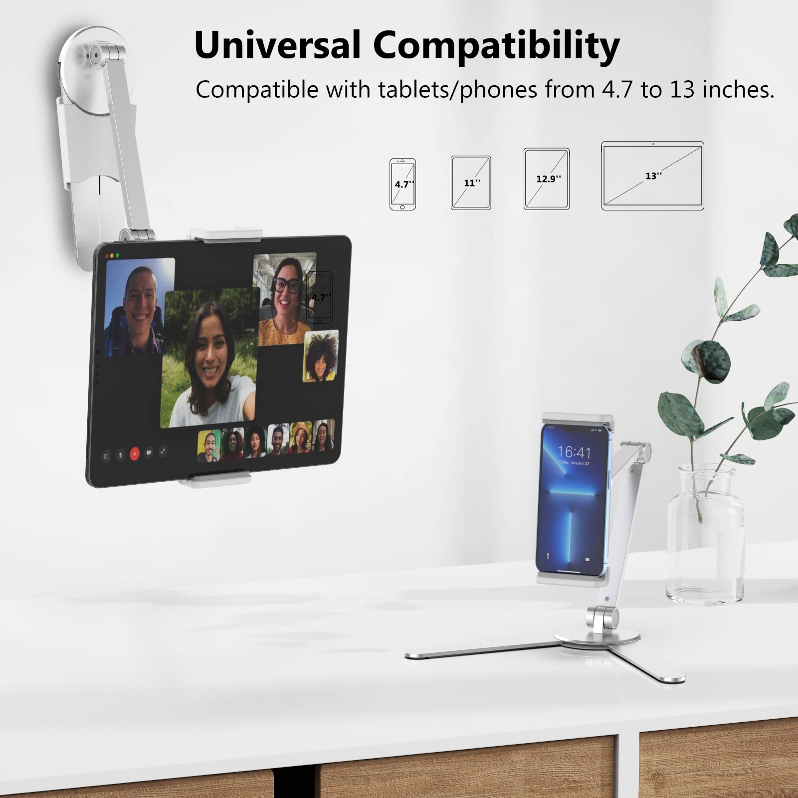Inifispce 3 in 1 Tablet Stand, iPad Wall Mount, Under Cabinet Tablet Mount, Kitchen Tablet Holder for 4.7''- 13'' Screen Microsoft Surface Pro Series, iPad Pro 11/12.9, iPad, Mini, Air (Silver)