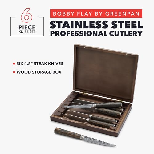 GreenPan x Bobby Flay 6 Piece Steak Knife Set with Wood Storage Box, Premium Stainless Steel Blades, Precision Cutting Tools, Ultra-Versatile Cutlery, Hand Finished Wood Handle, Damascus Steel Design