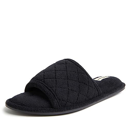Dearfoams Women's Summer Memory Foam Indoor House Slide Slipper, Black Terry, 9-10
