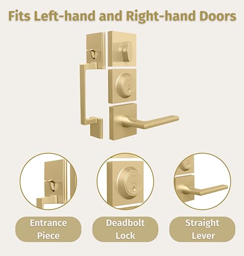 Mega Handles Gold Entry Door Handleset - Single Cylinder Handleset with Lever for Entrance and Front Doors - Modern Door Handles with Design for Left and Right-Handed Doors - Straight Handle