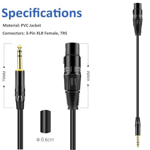 DREMAKE Balanced Cable 20 Foot TRS 6.35mm (1/4 Inch) Male to XLR Female Mic Cable for Amplifier, Speakers - Black