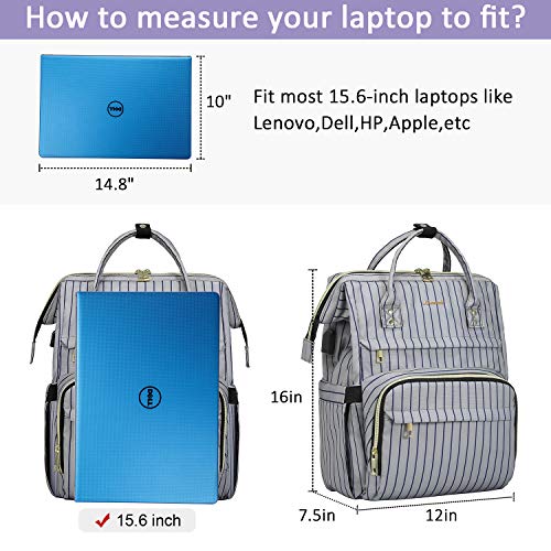 LOVEVOOK Backpack Women Laptop Bag Plait Laptop Backpack Computer Bag Work Bag Backpack Purse with USB Charging Port and Luggage Strap,All Stripe Grey
