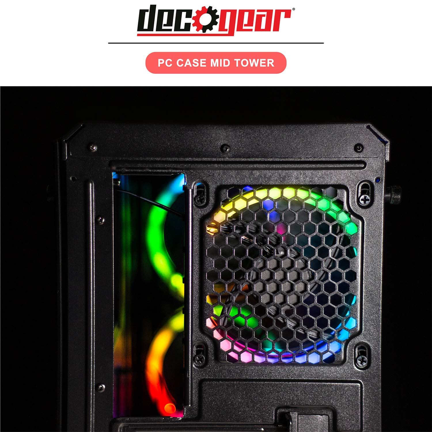 Deco Gear Mid-Tower PC Gaming Computer Case 3-Sided Tempered Glass and LED Lighting - Mini-ITX, Micro-ATX, ATX - Includes 4 120mm Double Ring Fans w/Expansion for More, 7 Expansion Slots, 4 Drives