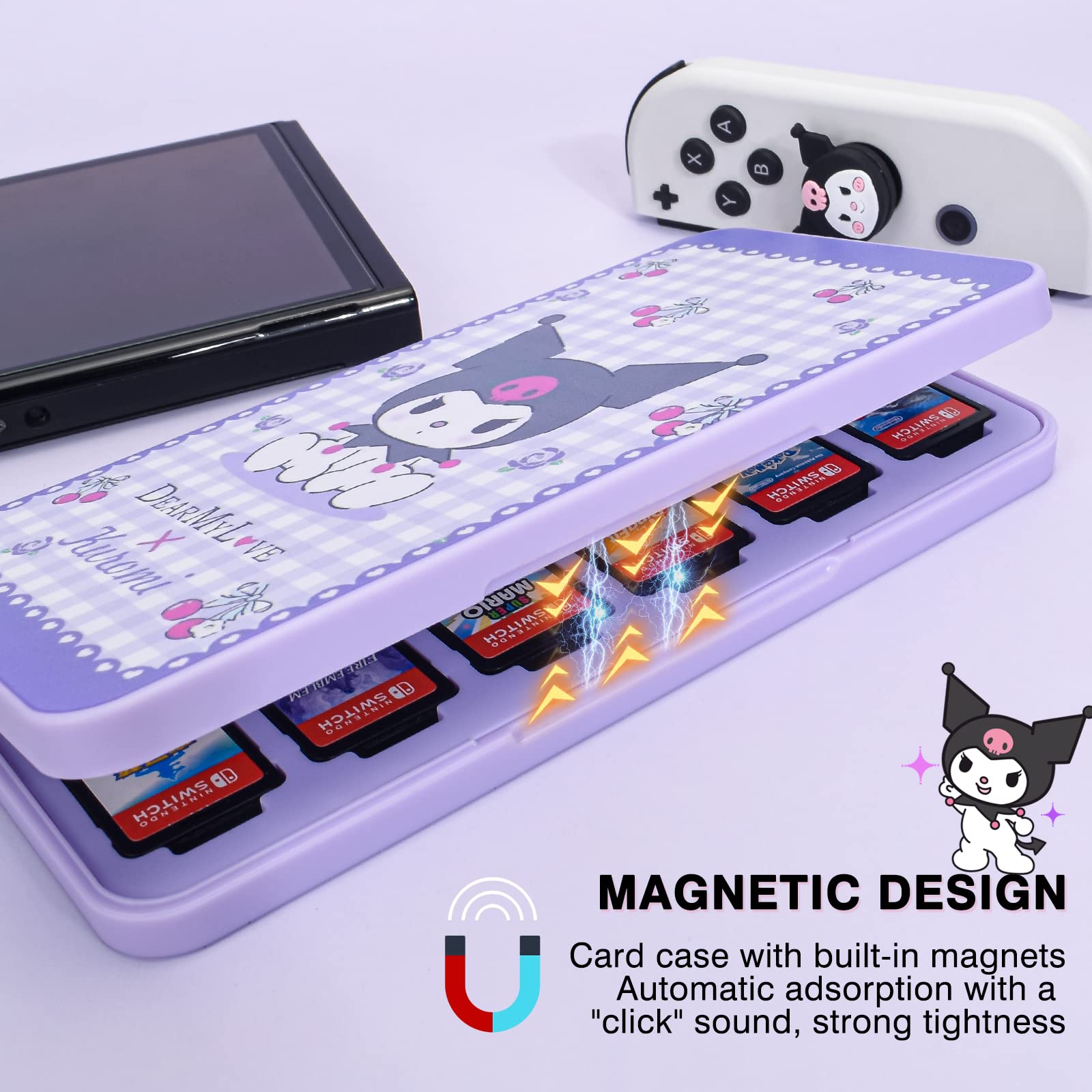 DLseego Little Evil Rabbit Game Case For Switch / Lite / OLED, 24 Slots Game Cards Holder and 48 Micro SD Card Slots, Portable Game Card Storage Cartridge with 2PCS Lovely Thumb Grips -- K Purple