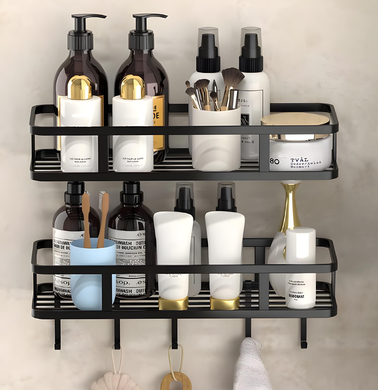 Diderm Shower Caddy - 2 Pack, Adhesive Shower Organizer No Drilling with 10 Hooks, Rustproof Bathroom Shelves Basket, Large Capacity Wall Mounted Shower Rack for Bathroom, Kitchen, Matte Black