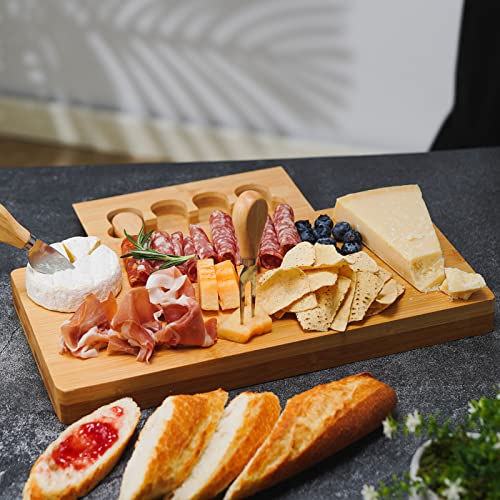 KAHOO Bamboo Cheese Board Set, Wooden Charcuterie Board Serving Platter with Knife Set, for Wine, Cheese, Meat, Fruit, Vegetable