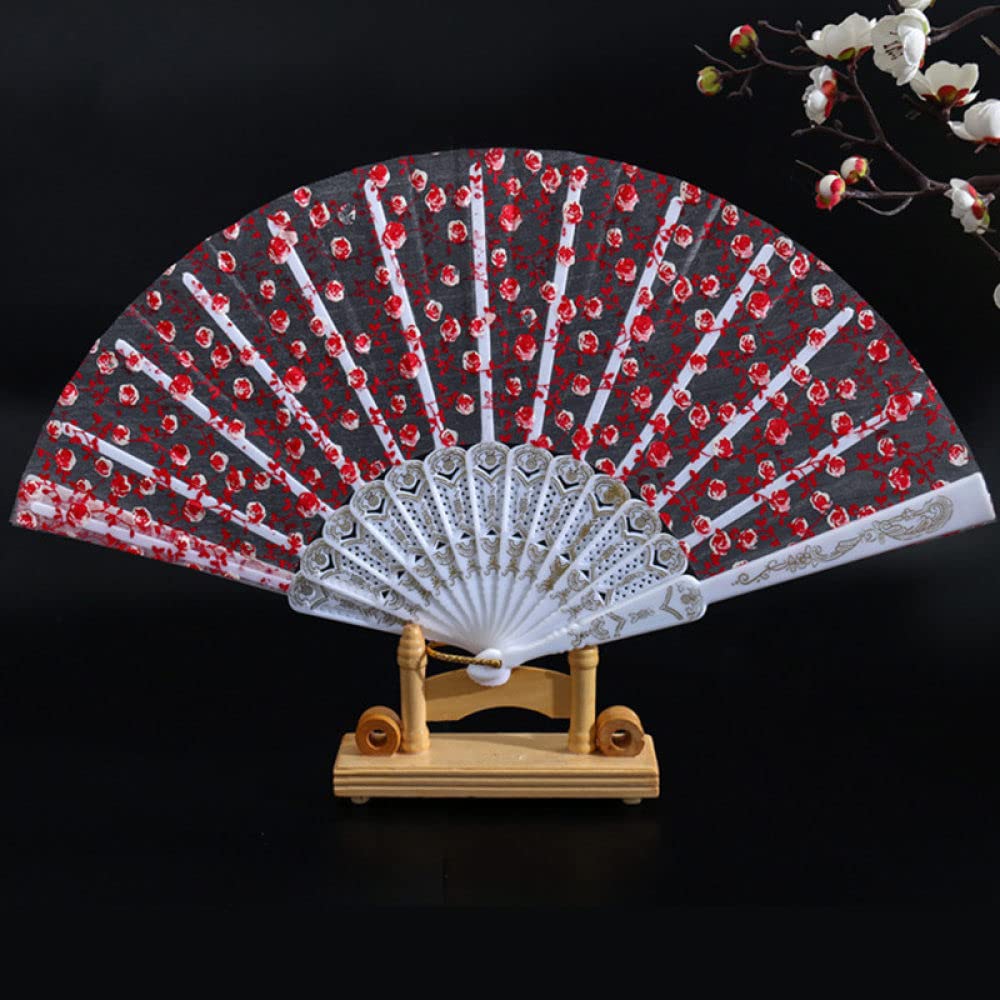 Folding Fan Handheld, 2Pc Folding Hand Fan Elegant Floral Red Silk Fans Exquisite Large Portable Chinese Fan Summer Handmade Home Decorative Folding Fans for Dance Wedding