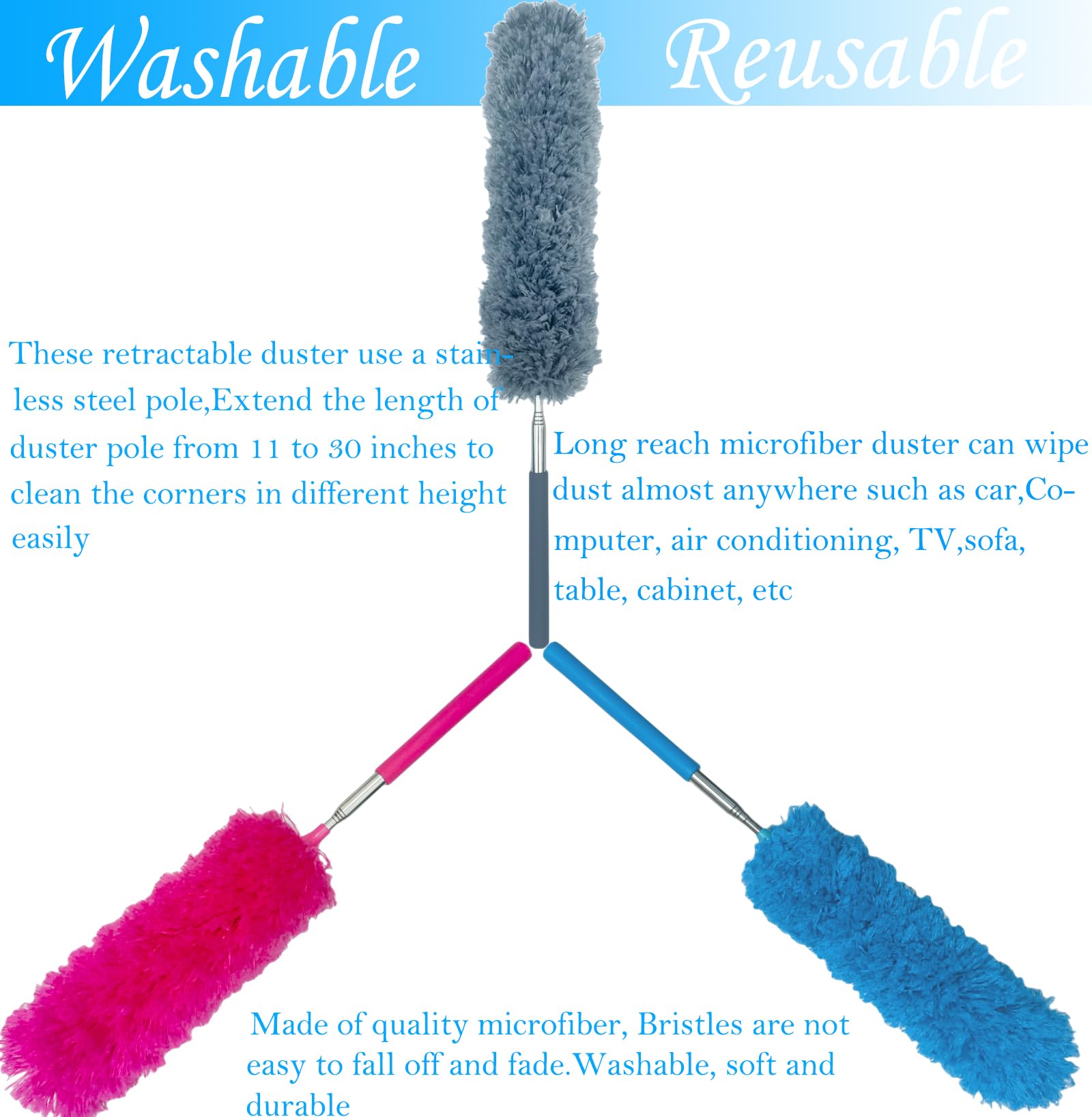M-jump 3 PCS 15.7 to 35.5 Inch Extendable Telescoping Microfiber Duster Bendable Brush Washable Dusting Brush for Home Office Car