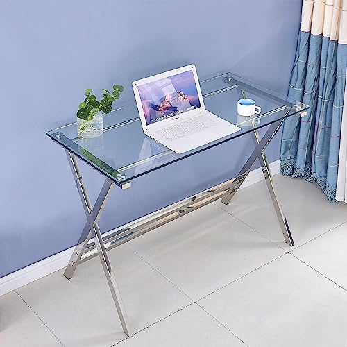 SMARTIK Modern Glass Computer Desk, Clear Study Table - Gaming Desks, Study Desk, and Workstation Table for Small Spaces - Stainless Steel Frame 43.5" x 21.7" x 29.9"