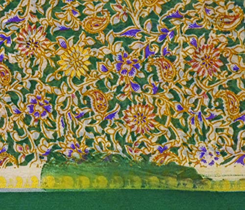 Peegli Vintage Green Textile Fabric Floral Printed DIY Craft Fabric Polyester Recycled Sari