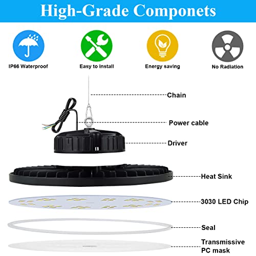 High Bay Light | 15000LM (100W) LED UFO Commercial Lights with US Plug 5' Cable, 6500K Super Bright LED Shop Lights, IP66 Warehouse Light, Area Light Fixture Shop Light for Garage Warehouse Workshop