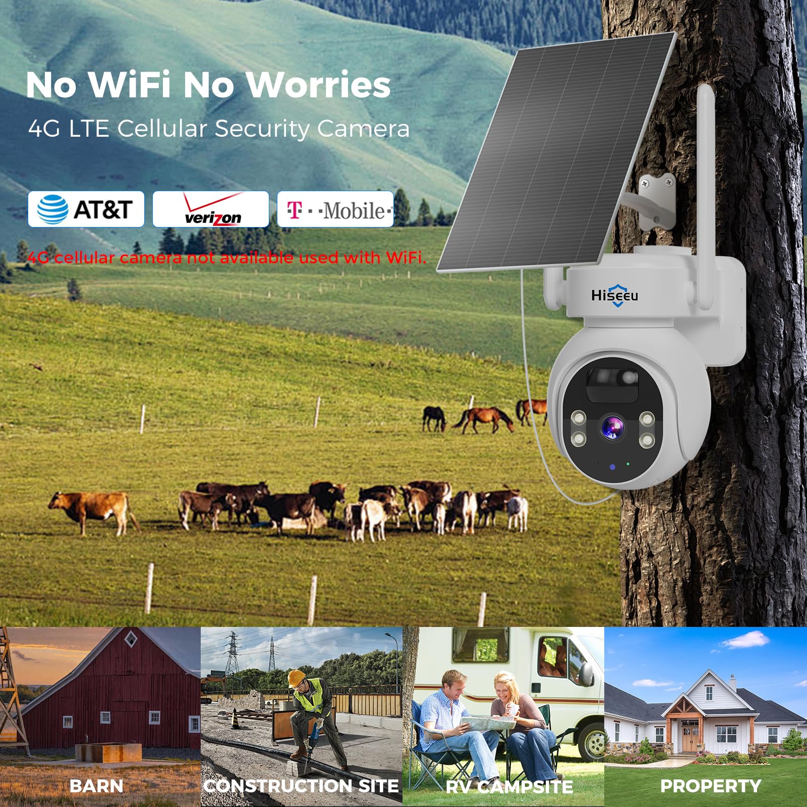 Hiseeu 4G LTE Cellular Security Camera Without WiFi, 2K HD Color Night Vision Outdoor Camera Wireless Solar Powered, 2-Way Talk,IP66 Waterproof,PIR Human Detection, SIM Card Included