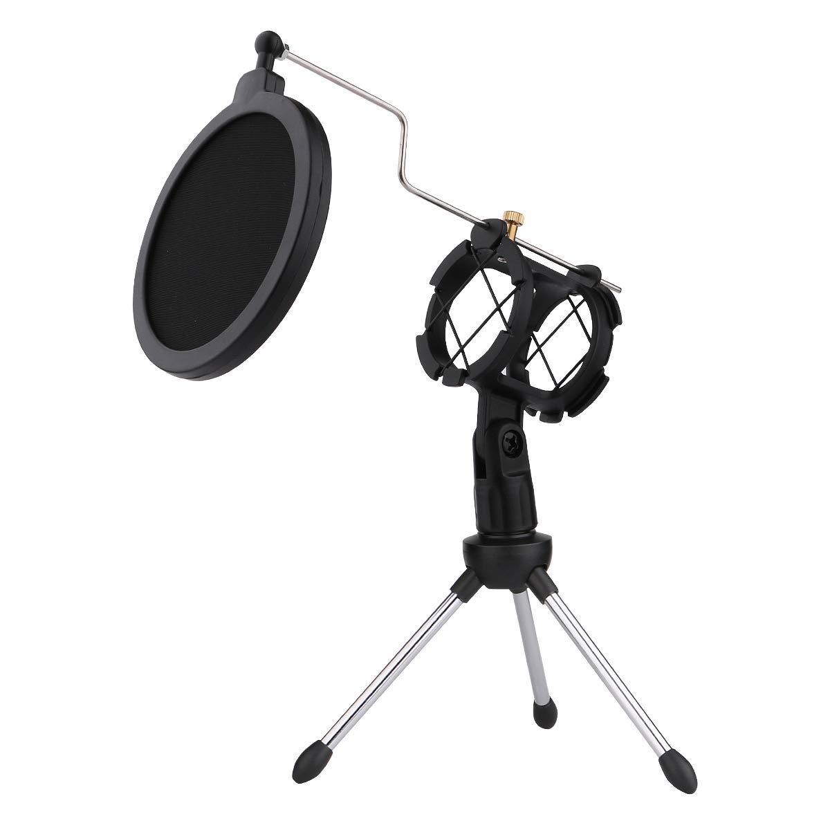 Dreokee Desktop Mic Stand, Microphone Stand Desk Tripod Stand with Shock Mount Portable Mic Holder and Double-Non-slip Feet Net Wind Screen Pop Filter for Instruments Voice Overs Recording Studio