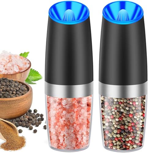 Gravity Electric Pepper and Salt Grinder Set, Adjustable Coarseness, With LED Light, One Hand Automatic Operation, Stainless Steel Black, (2 Pack Black)