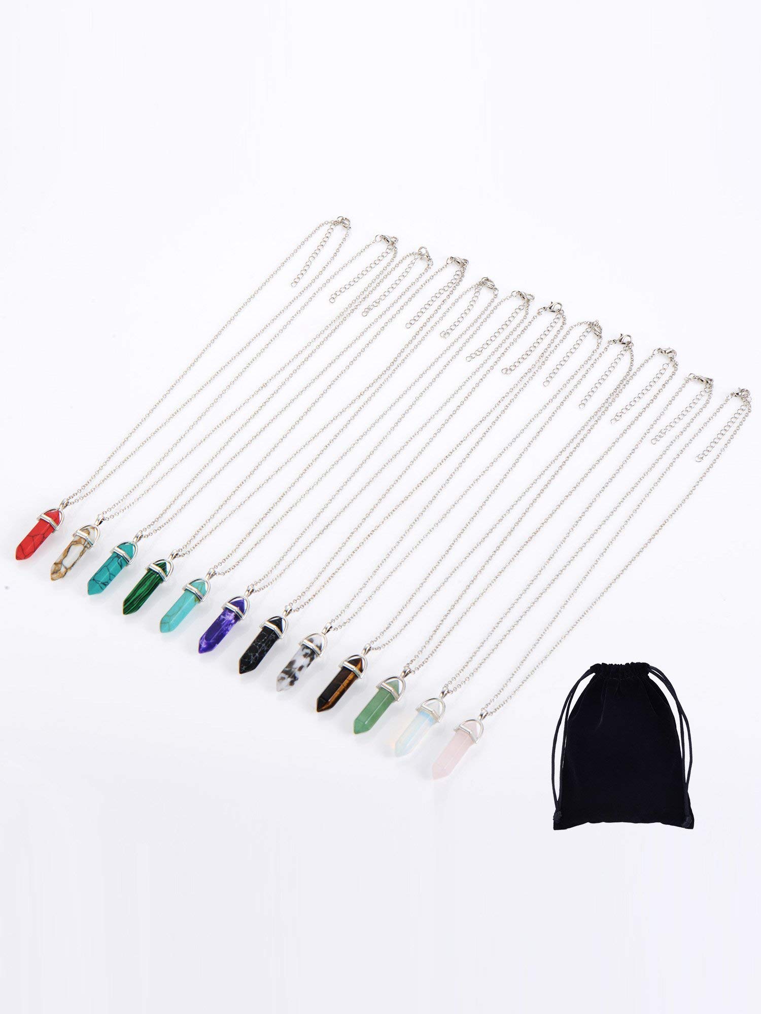 EBOOT womens 12 Pieces Hexagonal Chakra Crystal Bullet Shape Gemstone Pendant Necklaces Pointed Quartz Stone Chain Necklaces Artificial Stone with Storage Bag (Soft Color Set)