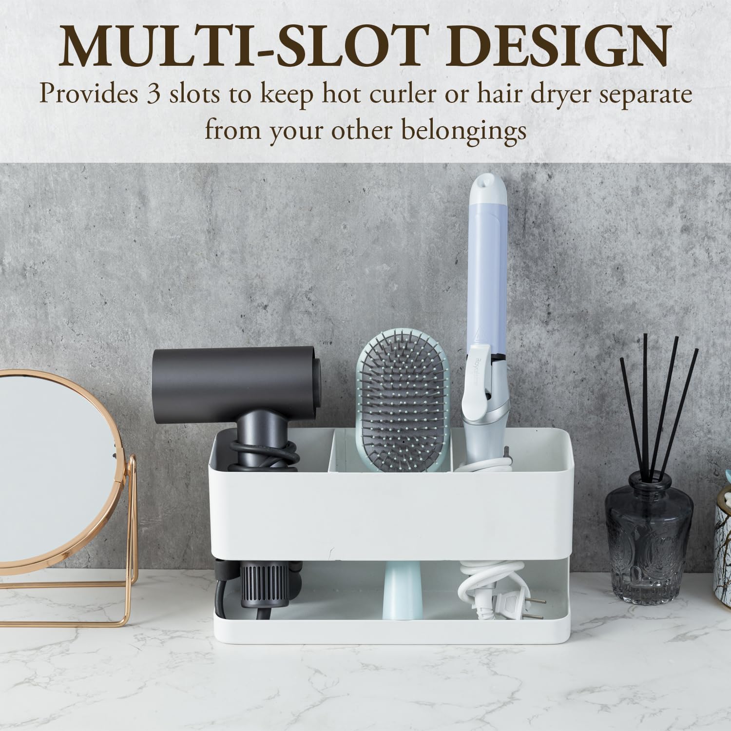 MyGift Hanging Modern White Metal Hair Tools Organizer with 3 Slots, Wall Mounted or Countertop Salon Styling Accessories Holder Rack for Blow Dryer Straightener Curling Iron