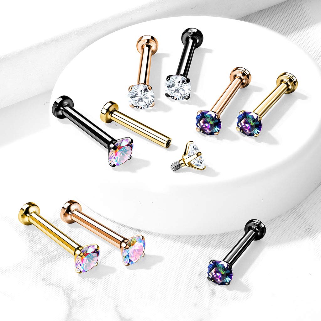 Dynamique CZ Prong Set Top Internally Threaded PVD Over Micro Base 316L Surgical Steel Labret, Flat Back Studs For Lip, Chin And Nose (Sold Per Piece)