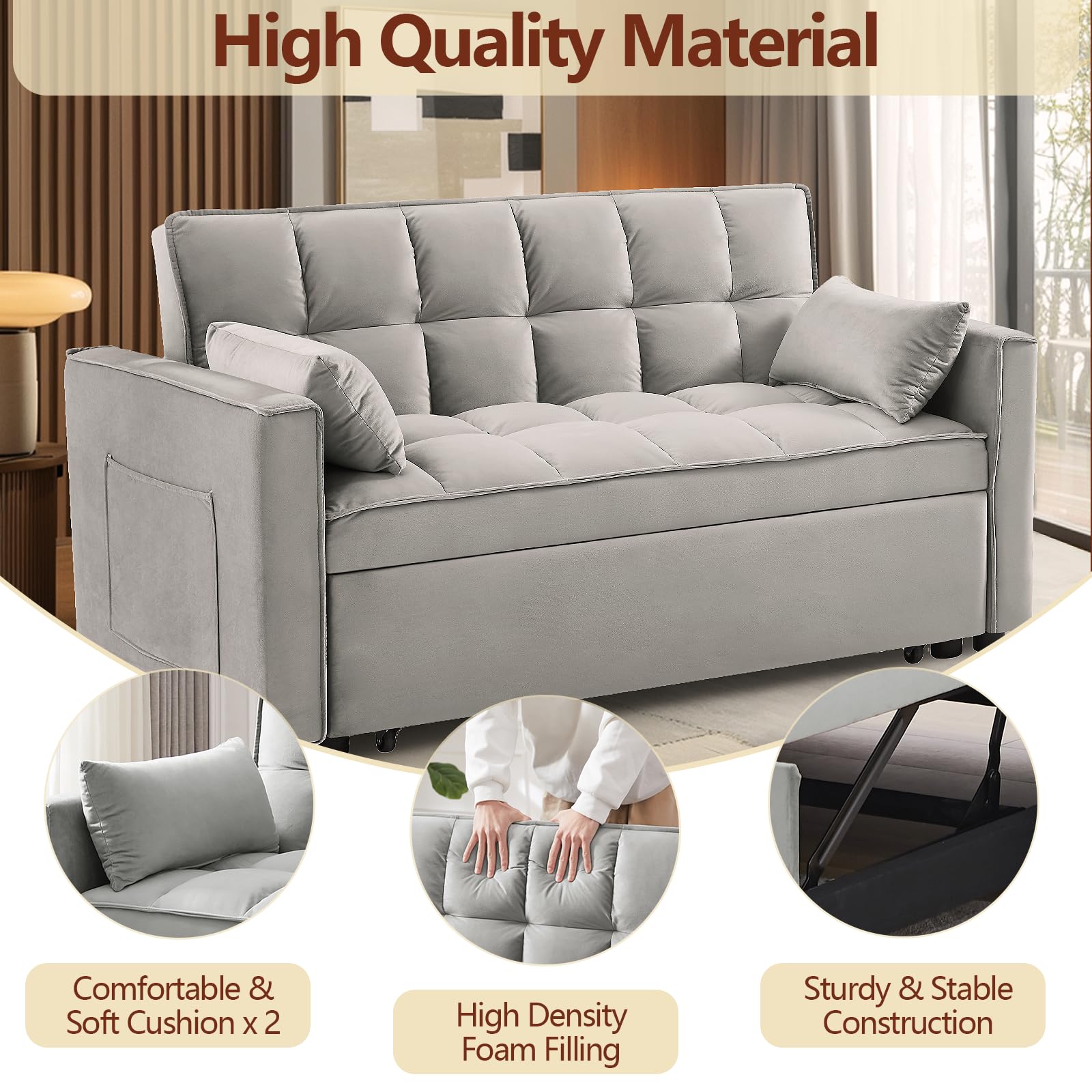 Nonlita Convertible Sofa Bed,3 in 1 Velvet Convertible Sleeper Sofa Bed,Lounge Sleeper Sofa with Pullout Bed,Small Love Seat Lounge Sofa w/Reclining Backrest,Toss Pillows, Pockets,for Living Room,Gray