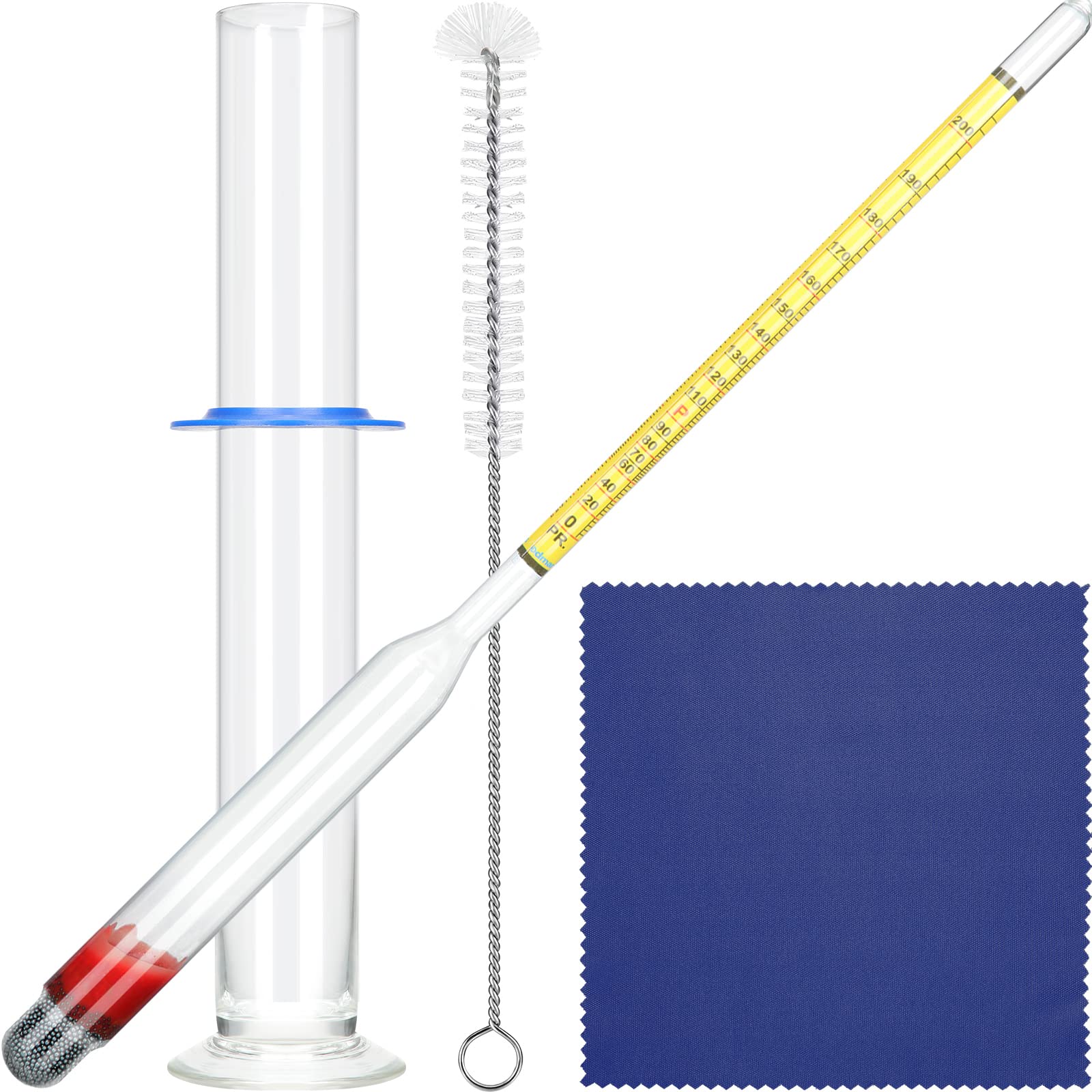 Hydrometer Alcohol Meter Test Kit Hydrometer Alcohol 0-200 Proof, Hydrometer Alcohol with Glass Cylinder, Brush and Dust Cloth, Distilling Moonshine Alcoholmeter for Proofing Distilled (Yellow)