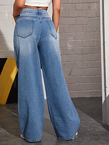 SweatyRocks Women's Casual High Waisted Wide Leg Ripped Denim Jeans with Pocket Blue L